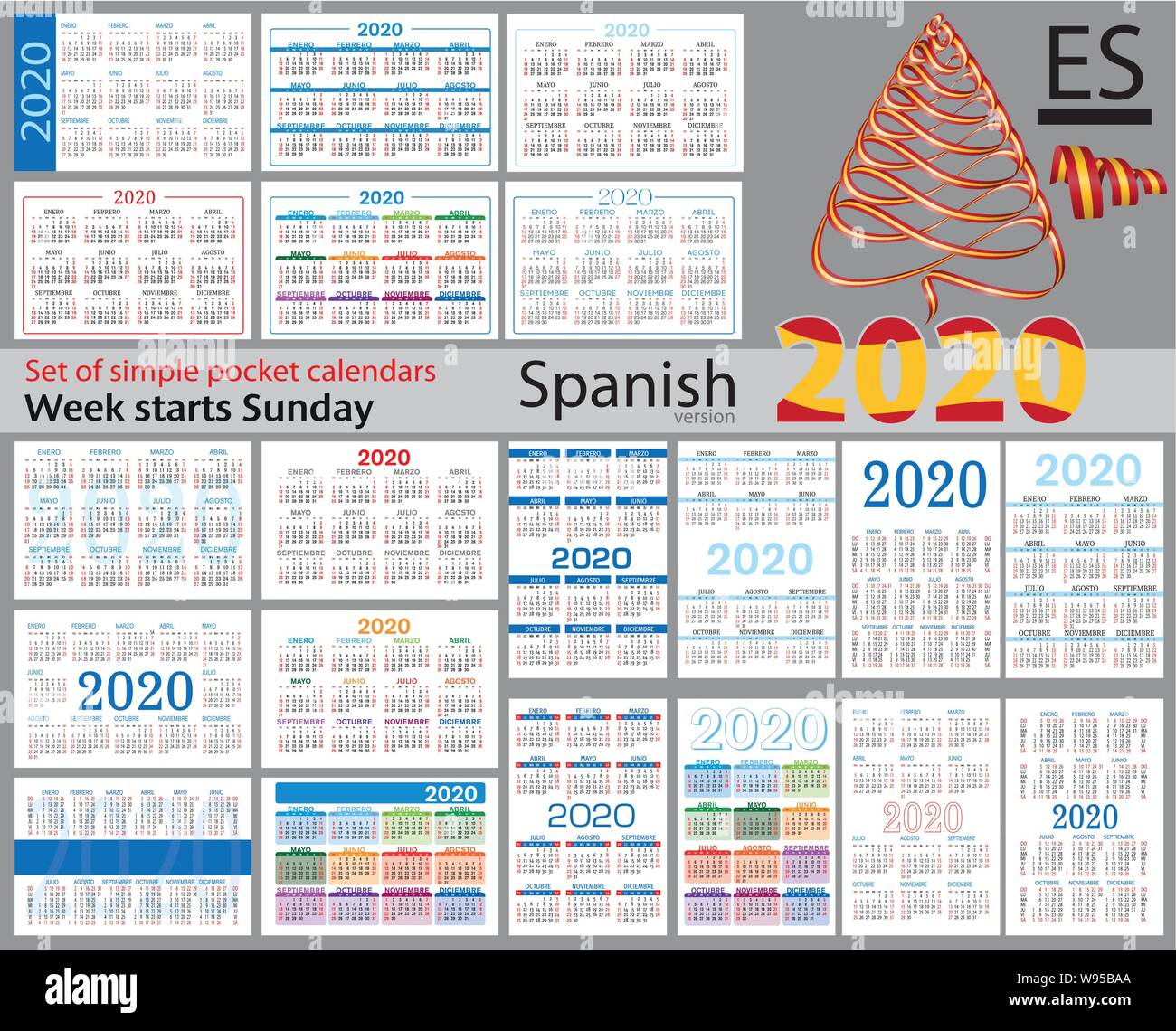 Spanish set of pocket calendars for 2020 (Two thousand nineteen). Week ...