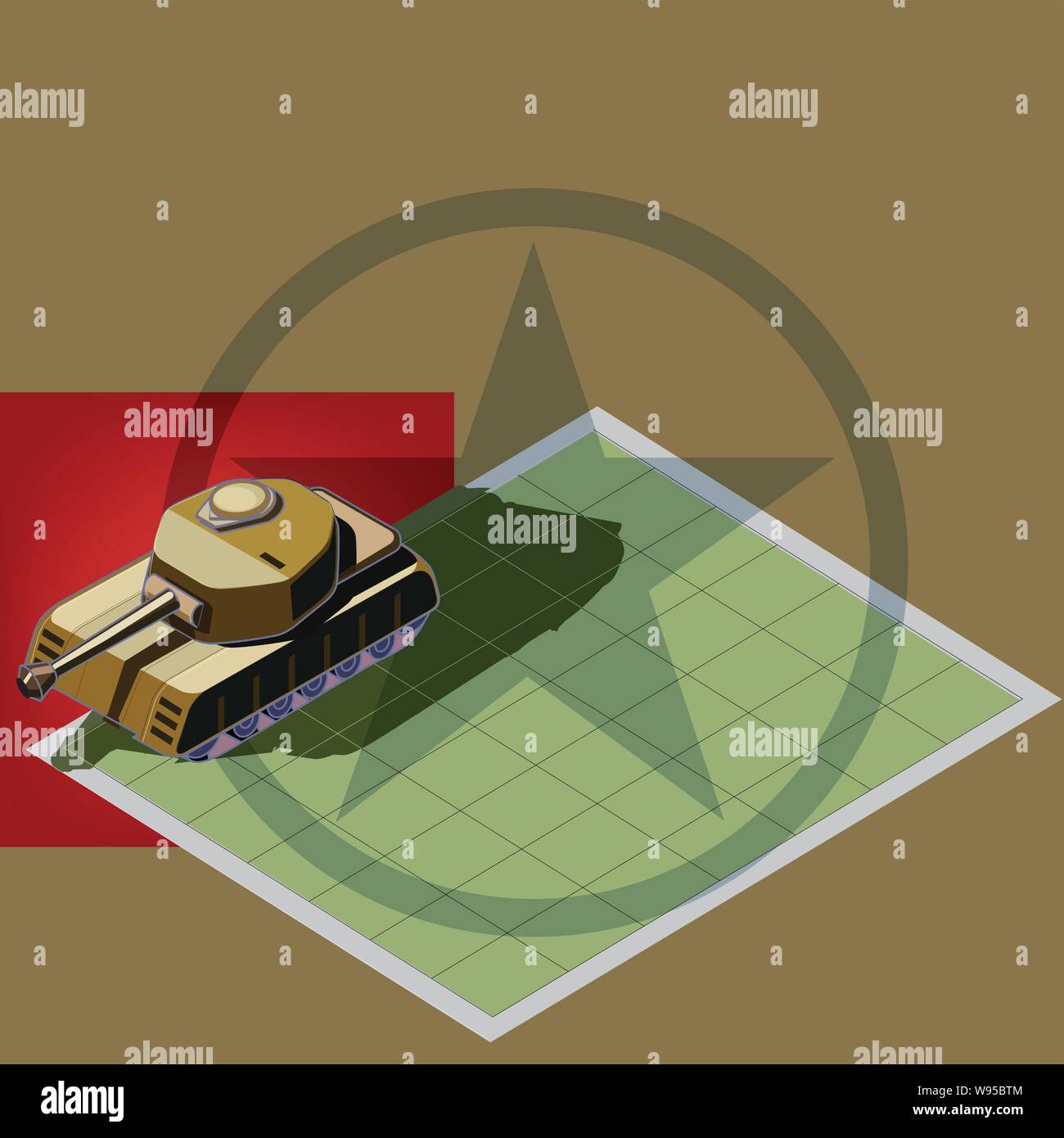 Military tank driving over a topographical map with circle & star over ...