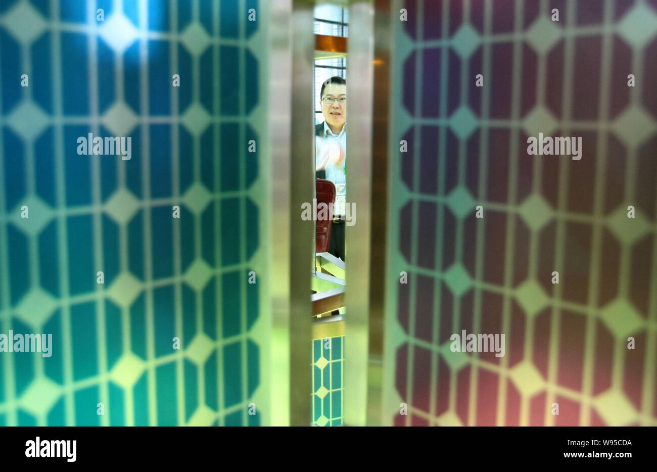 A visitor looks at solar panels during the SNEC 6th (2012 ...