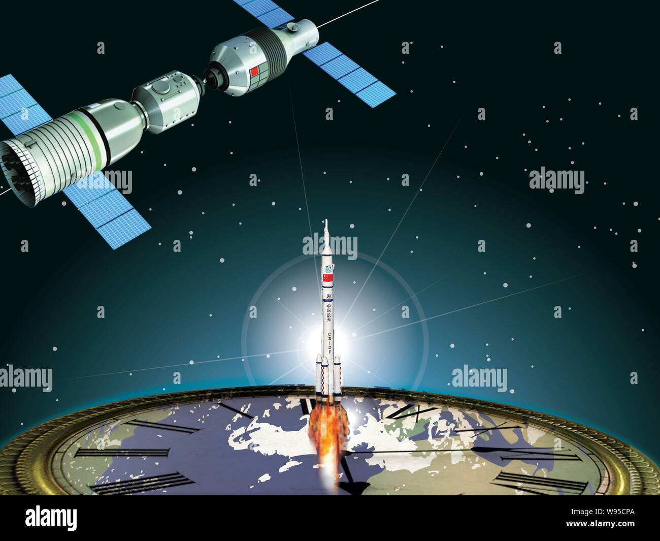 This illustration shows the launch of a Long March 2F (CZ-2F) carrier ...