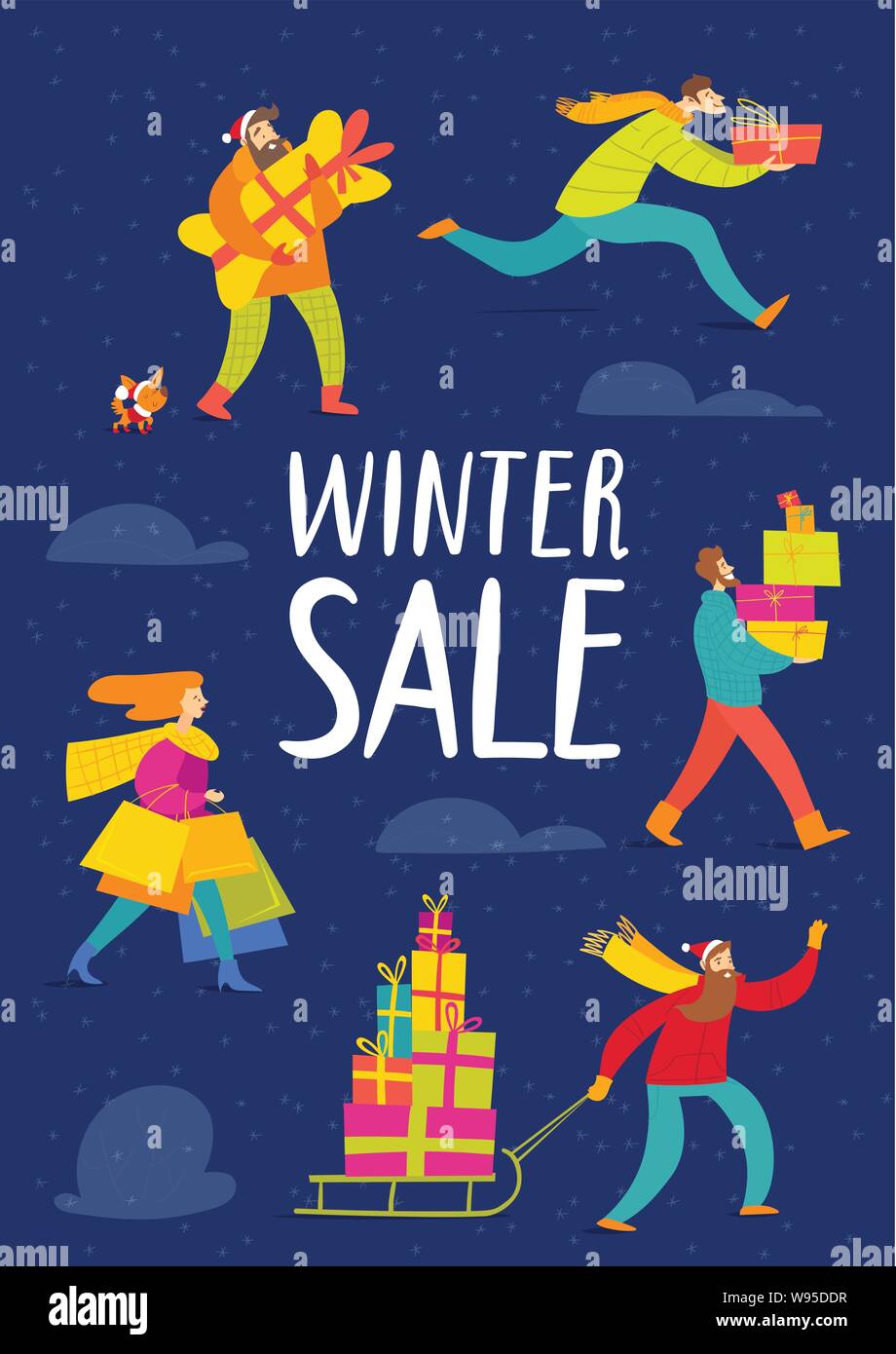 Winter sale poster with vector people going shopping Stock Vector Image ...