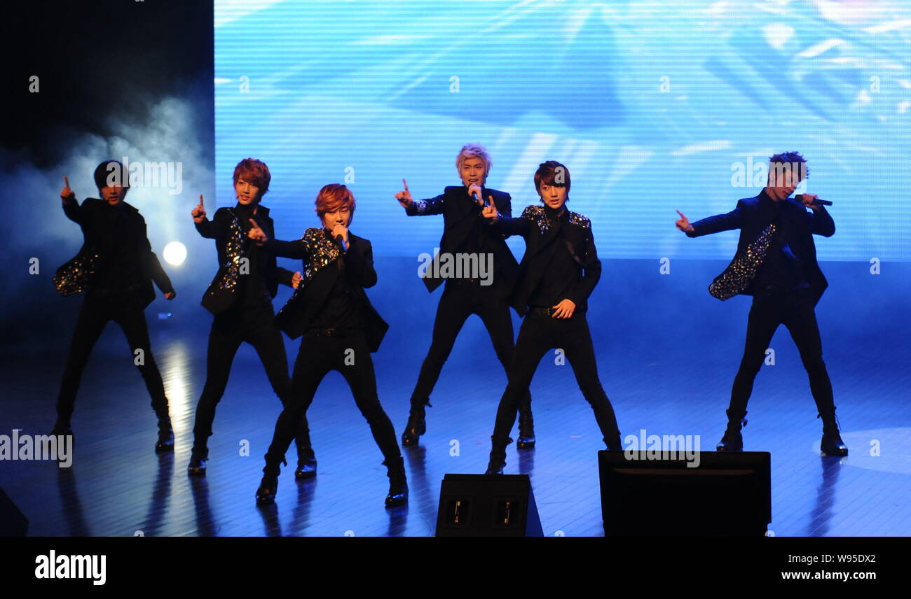 Members of the South Korean boy band Boyfriend perform during a fans ...