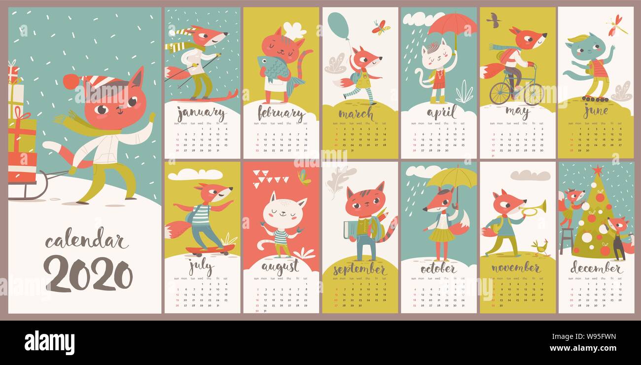 Vector 2020 calendar with funny foxes and cats in flat style Stock ...