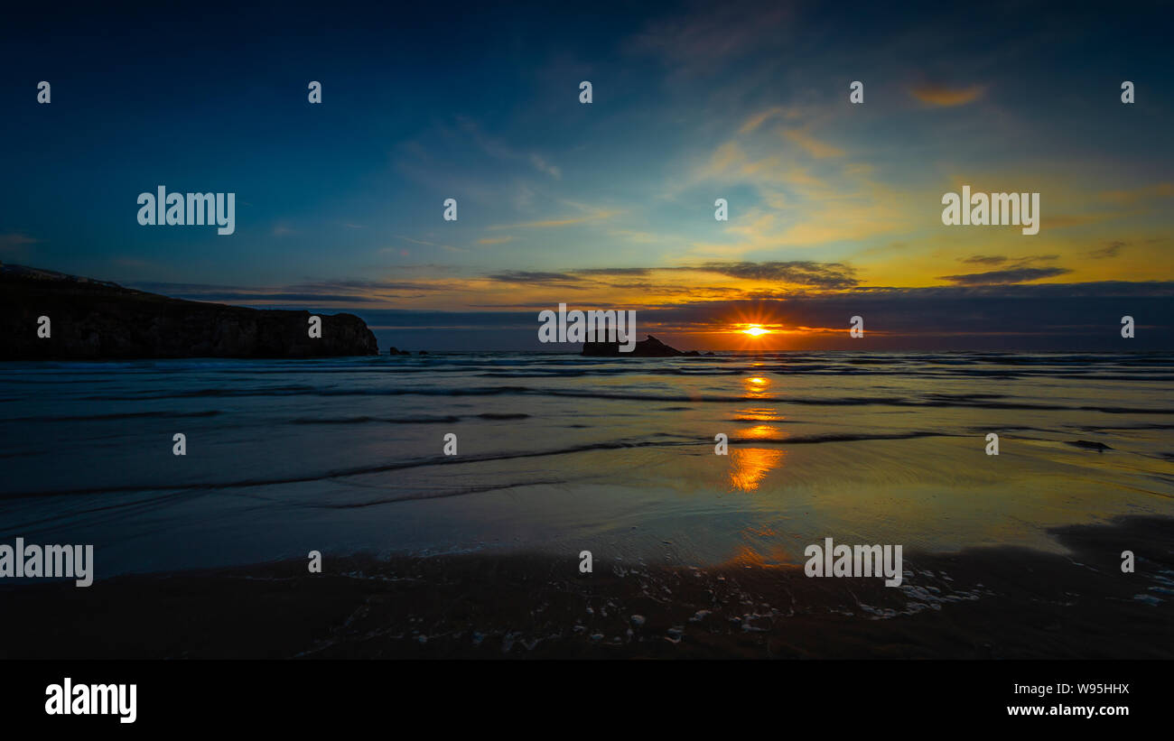 Perranporth Beach In Cornwall UK During Sunset Stock Photo - Alamy