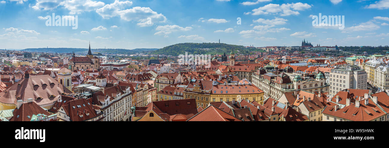 Panoramic top view of Prague old town, Charles Bridge tower and ...