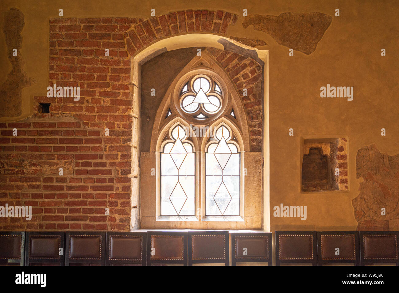 Interior front straightforward view of Gothic style window with direct ...