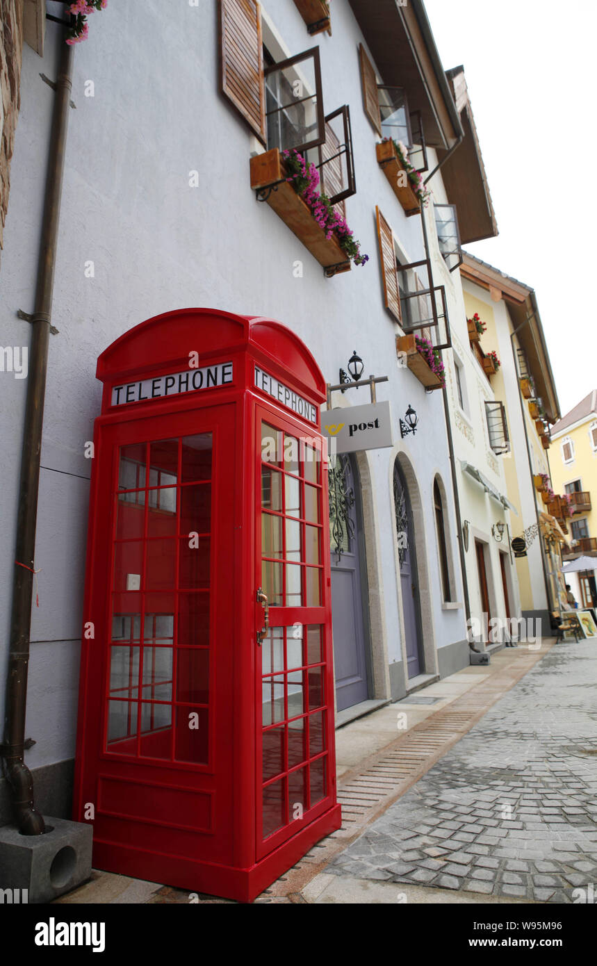 A telephone booth is pictured in Hallstatt See, a replica of the ...
