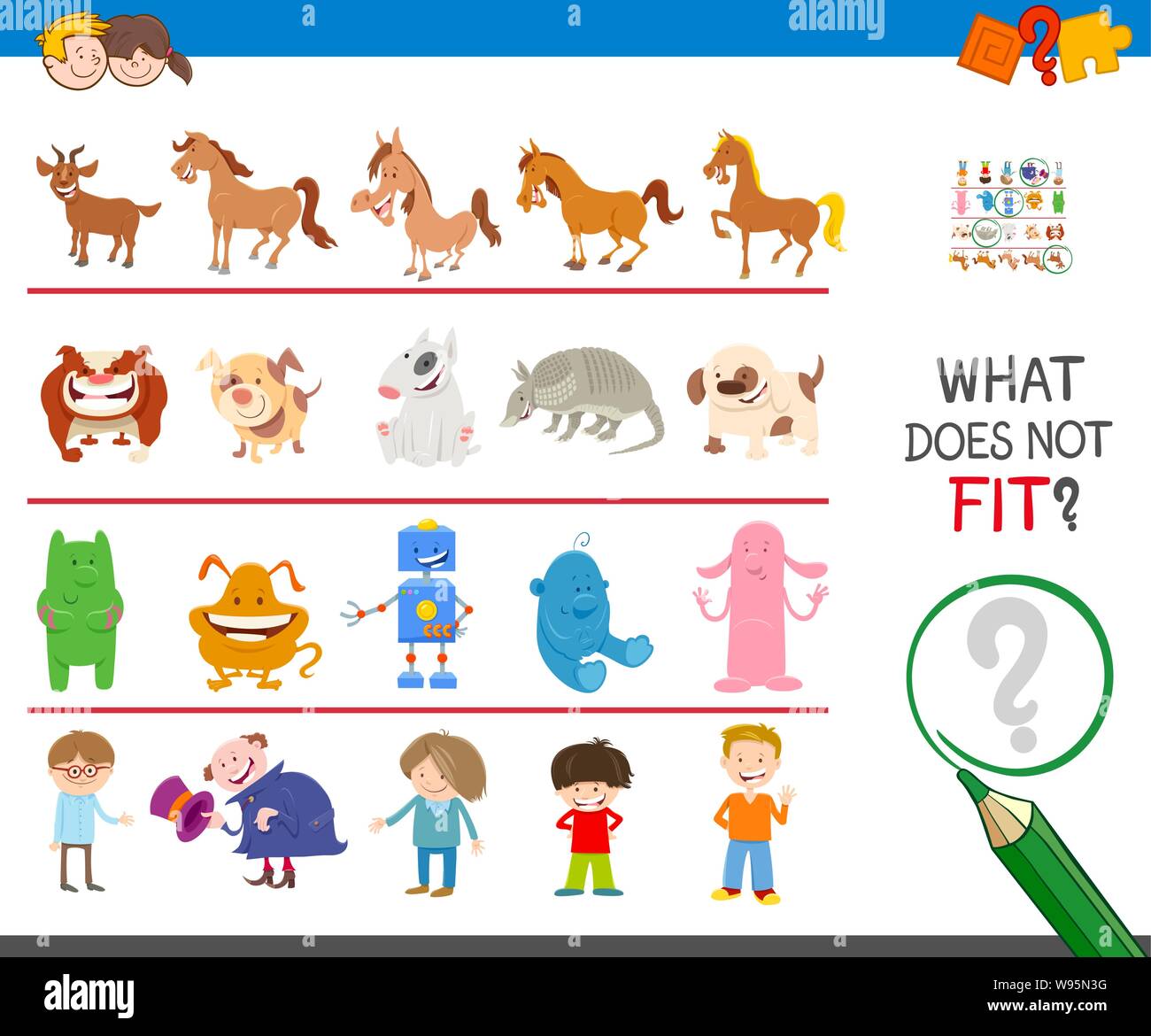 Cartoon Illustration of Finding Picture that does not Fit in a Row ...