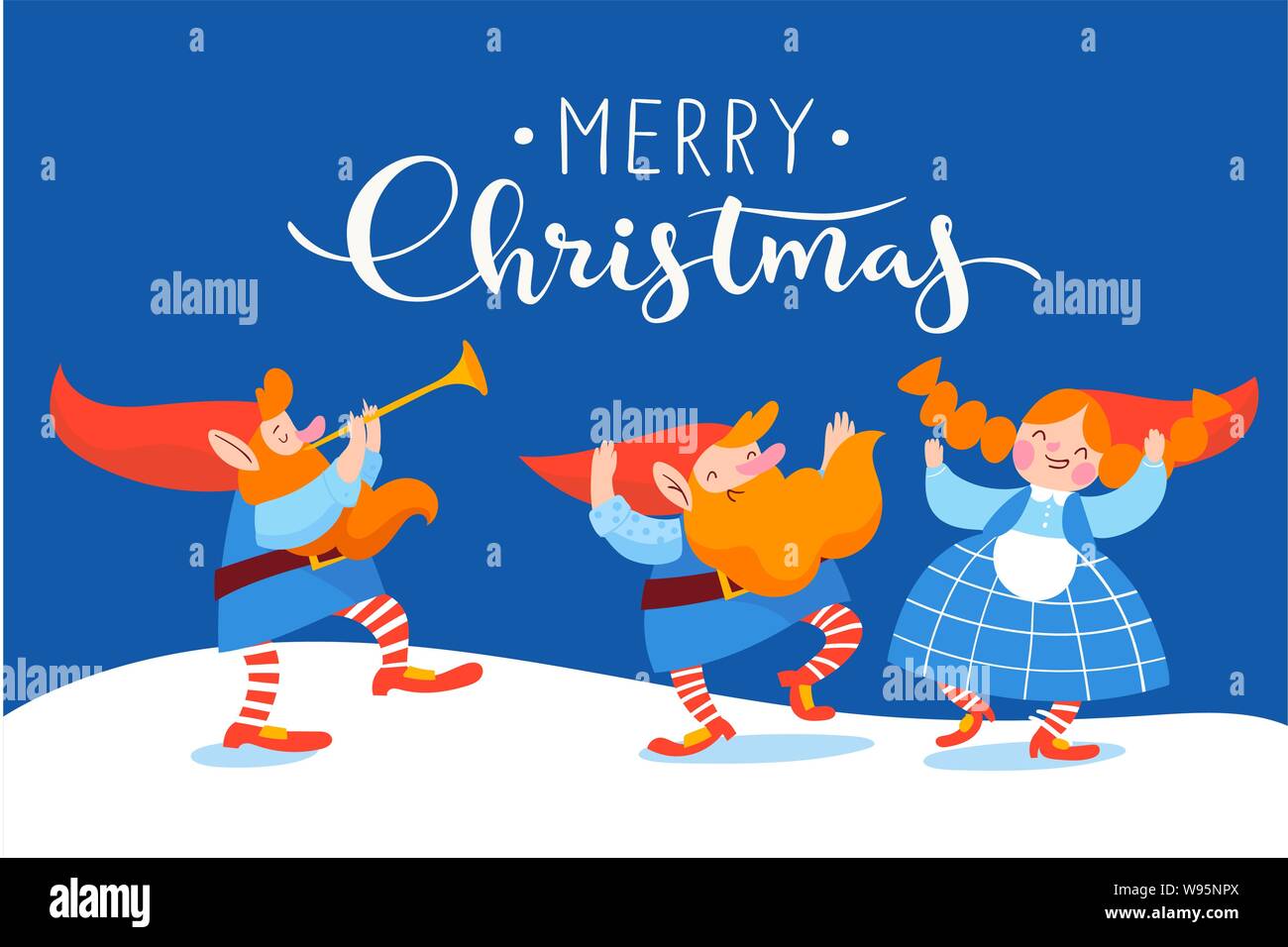 Christmas poster vector design with cartoon dwarfs dancing and playing ...