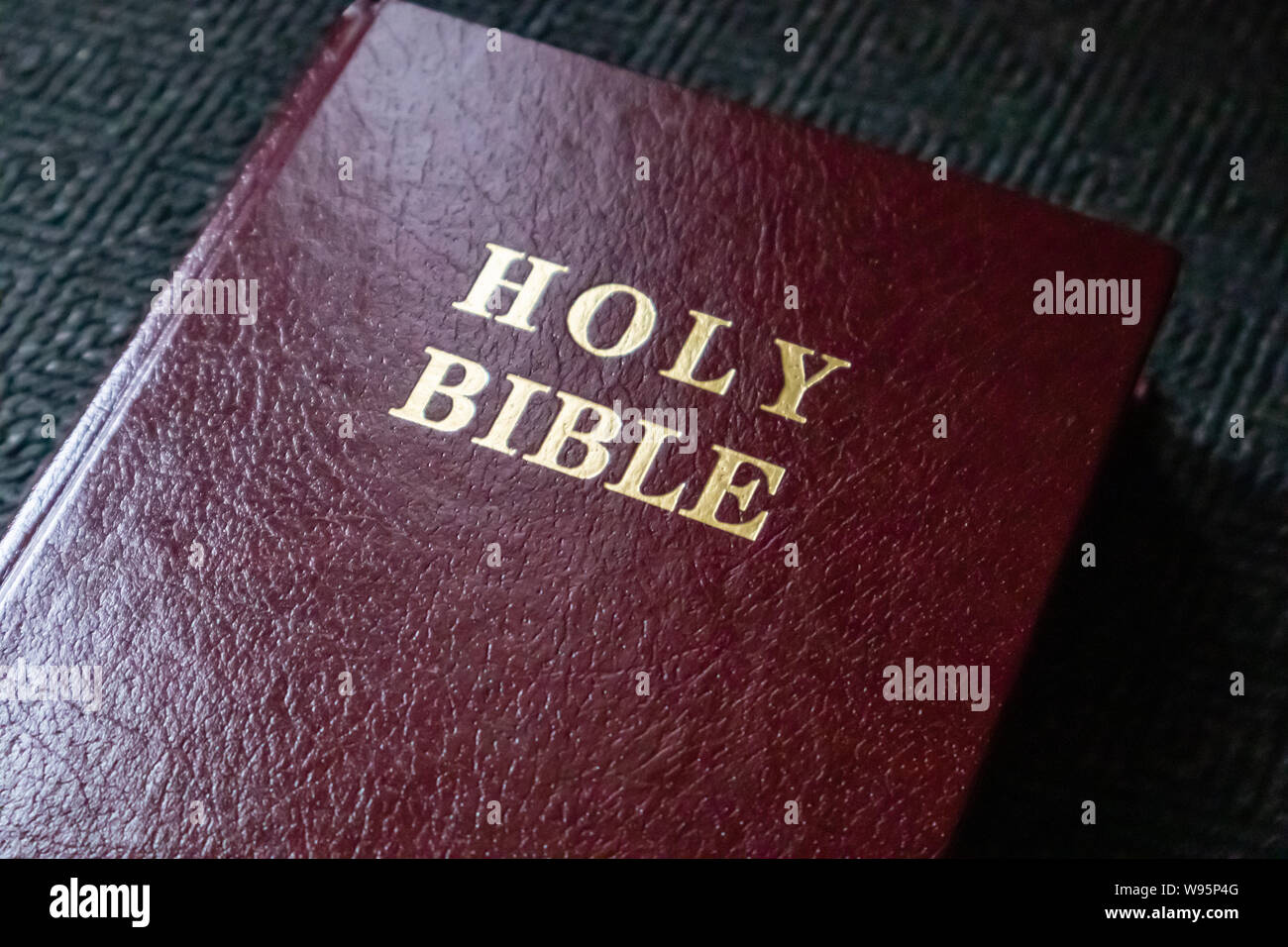 Holy Bible gold text on a leather cover book red brown color, close up ...