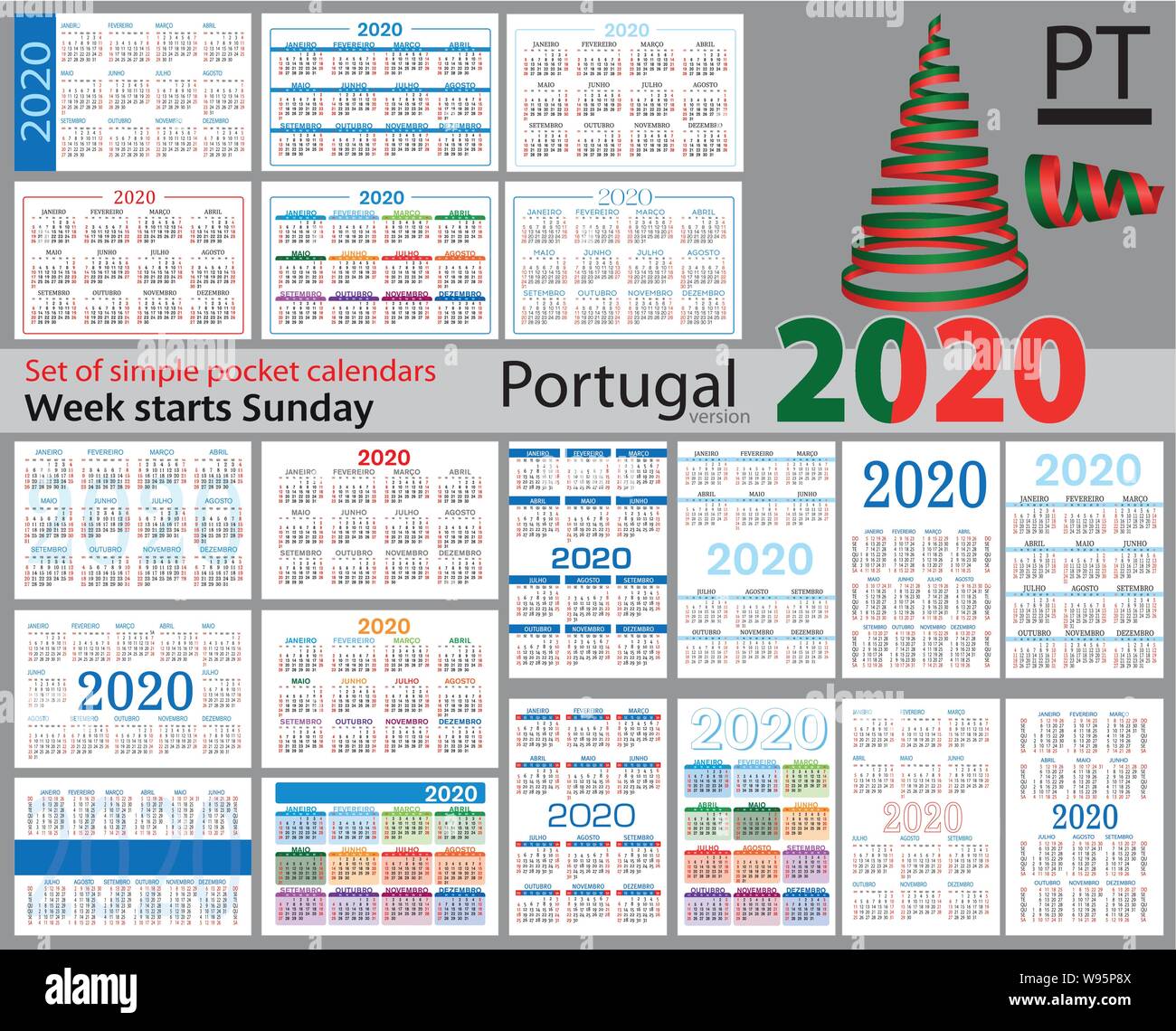 Portugal set of pocket calendars for 2020 (Two thousand nineteen). Week ...
