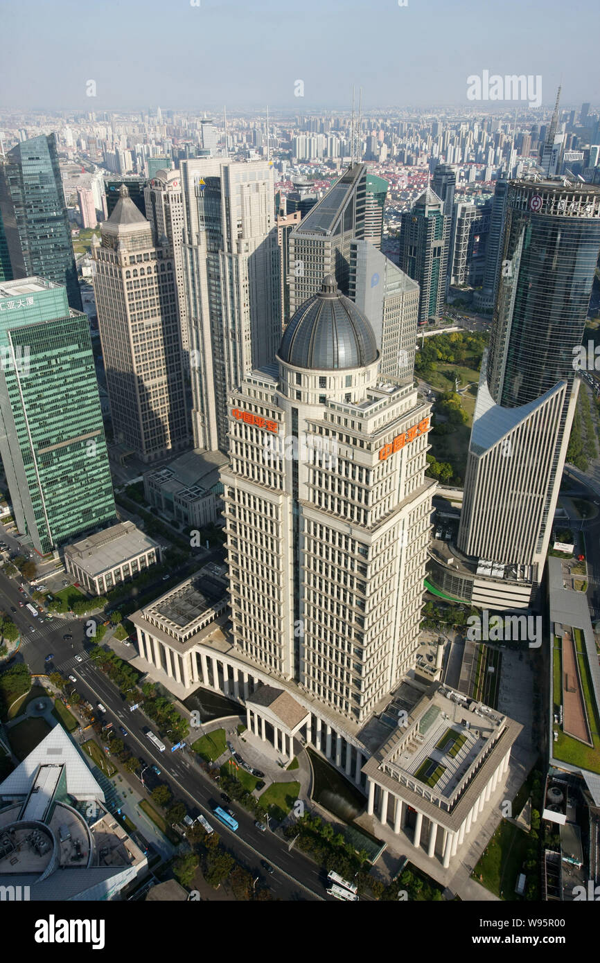 Skyline of the Lujiazui Financial District with clusters of skyscrapers ...