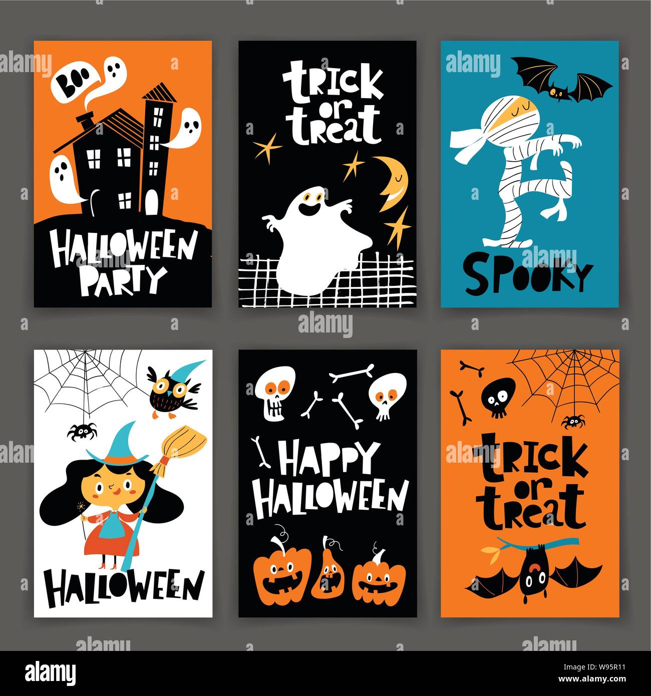 Set of vector Happy Halloween posters in cartoon retro style Stock ...