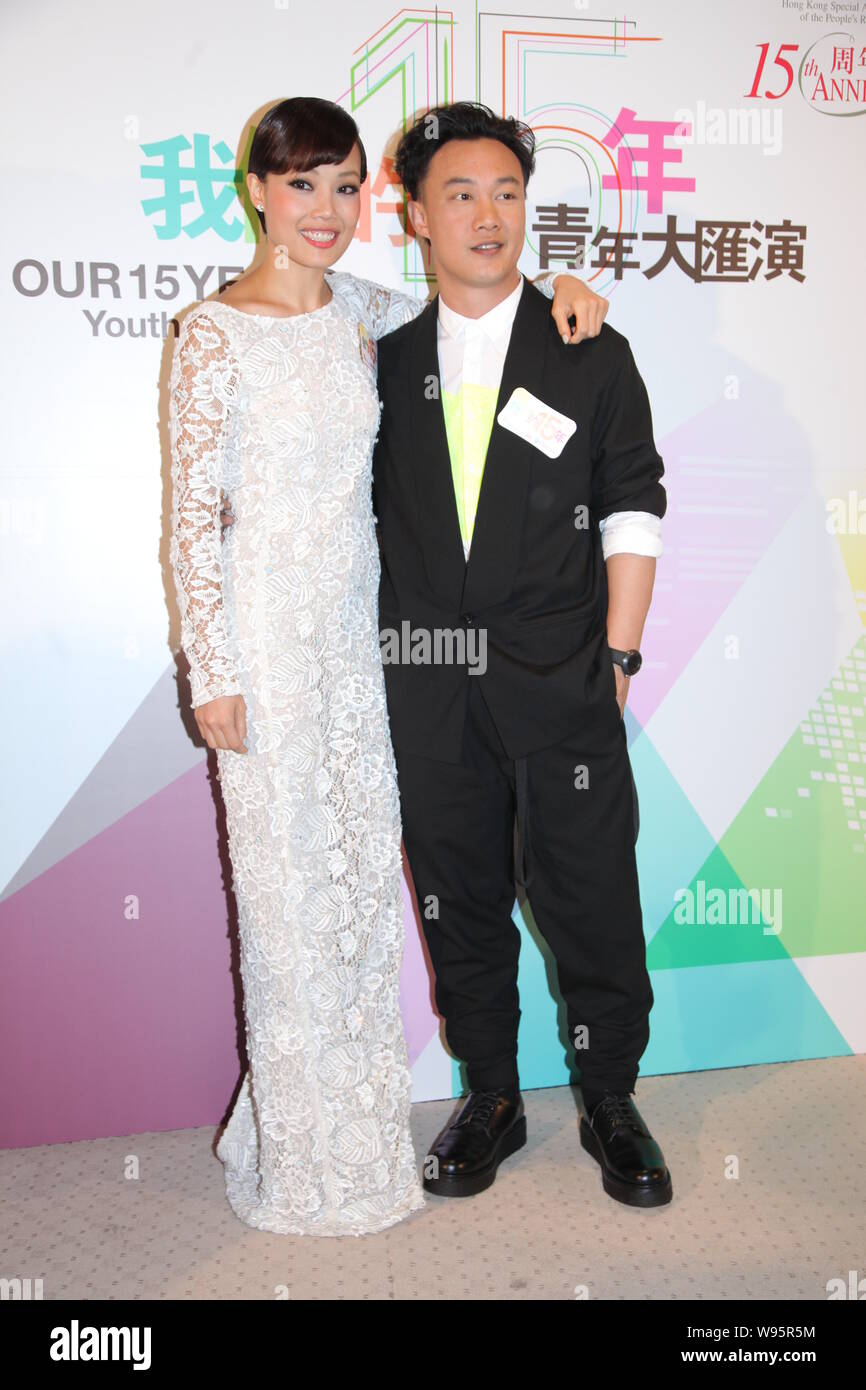 Hong Kong singer Eason Chan (R) and Joey Yung pose at the Our 15 Years ...