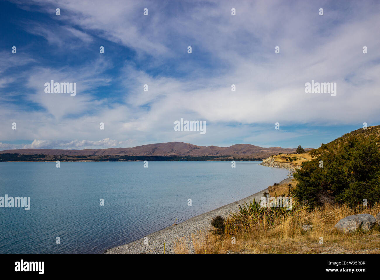 view of Lake Pukaki with Mount Cook reflection, New Zealand Stock Photo ...