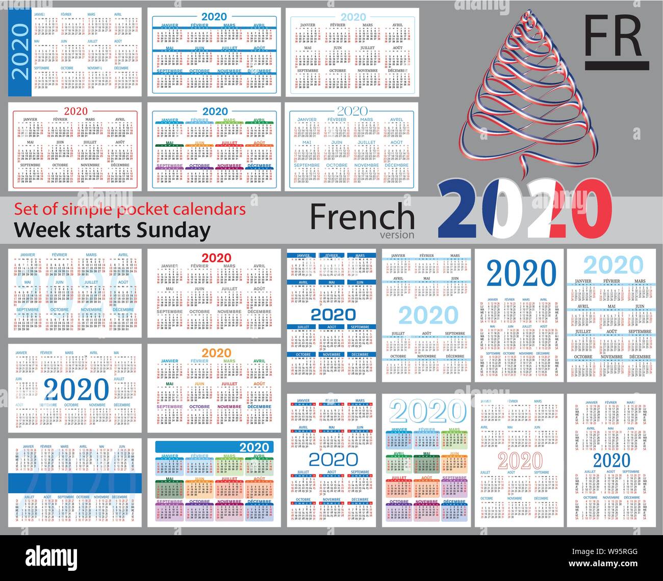 French set of pocket calendars for 2020 (Two thousand nineteen). Week ...