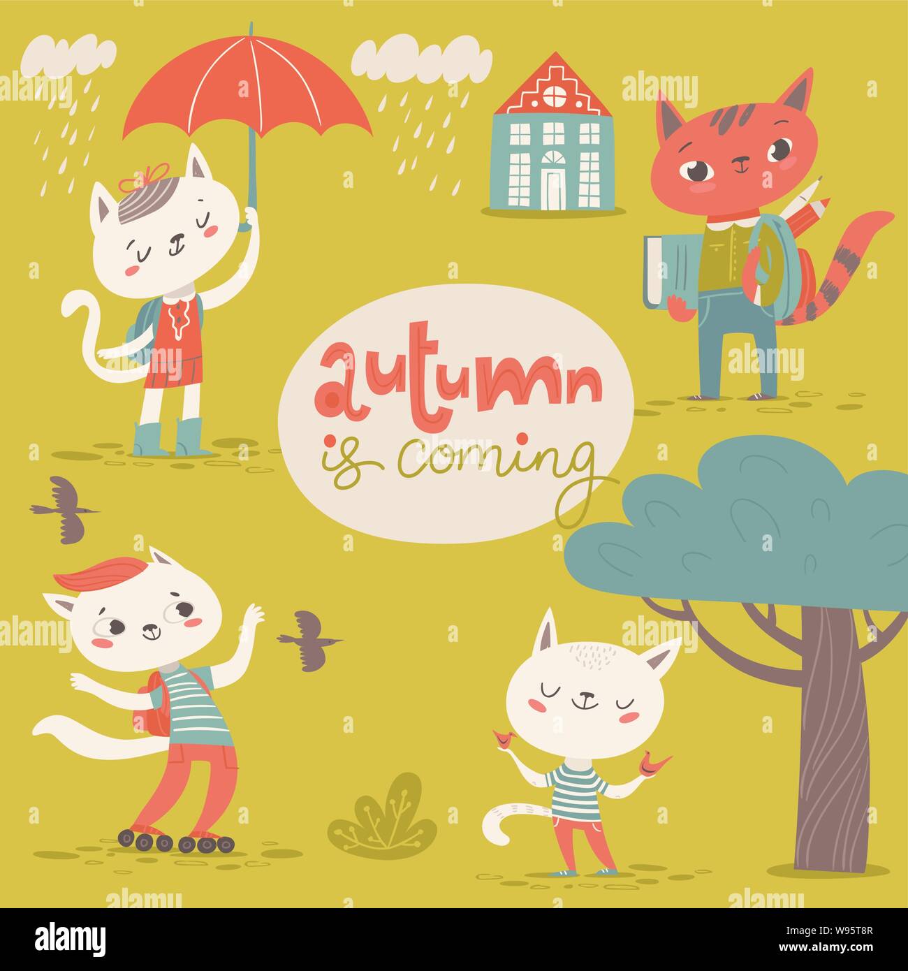 Vector flat retro style autumn card with cartoon cats Stock Vector ...