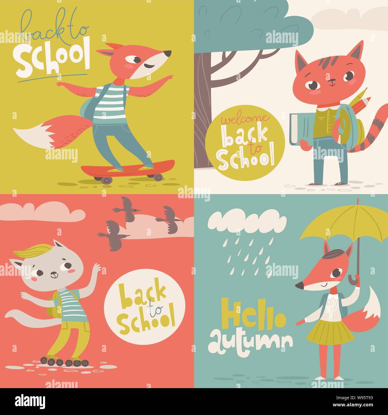Set of four vector welcome back to school designs with cartoon animals ...