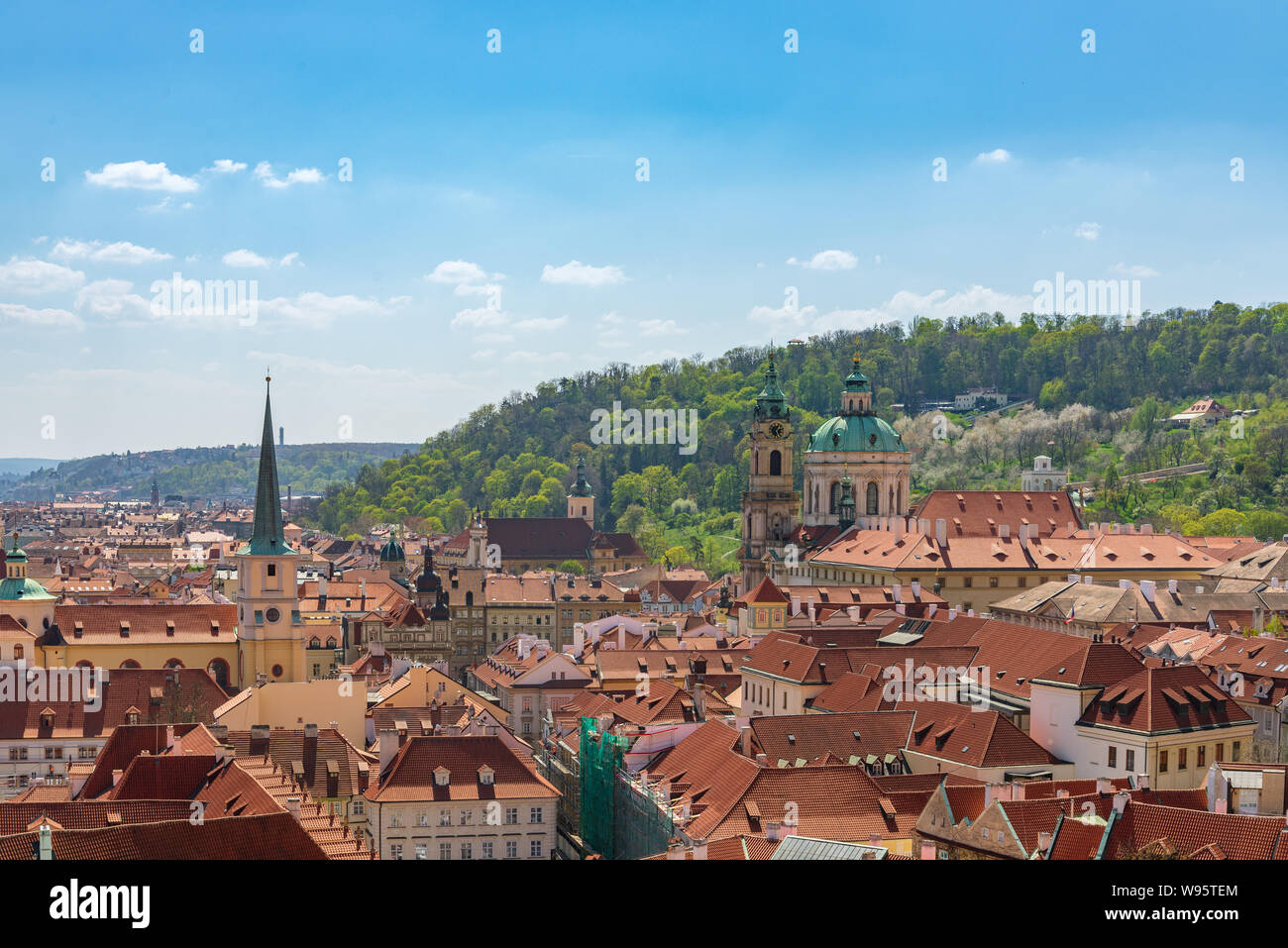 Outdoor sunny aerial top panoramic view of Prague historical old town ...