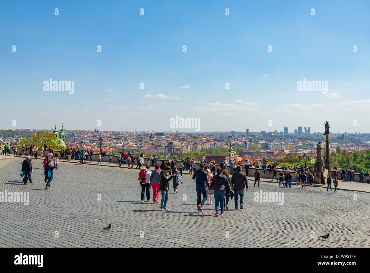 Sunny aerial view of rooftop old town Prague skyline from observation ...