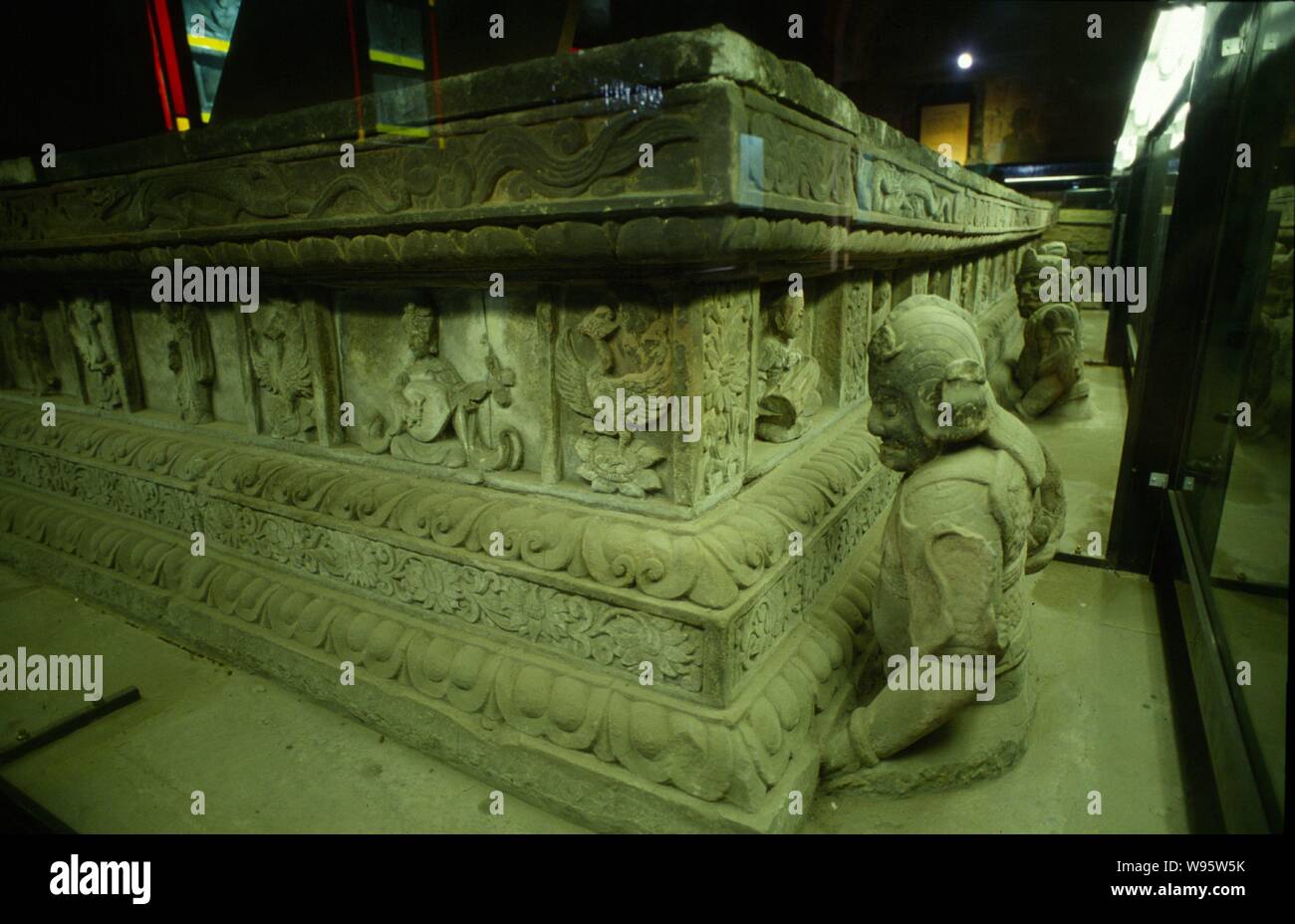 The stone coffin bed is displayed at the Yongling Museum, also known as ...