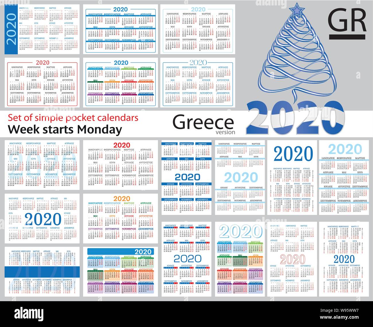Greece set of pocket calendars for 2020 (Two thousand nineteen). Week ...