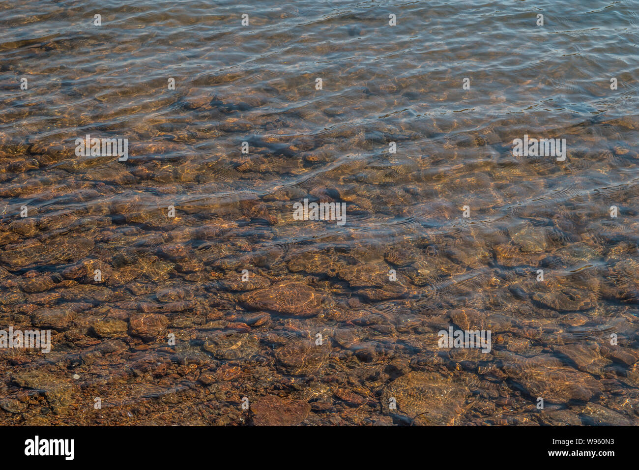 Clear lake water looking down exposing the rocks with a slight ripple ...