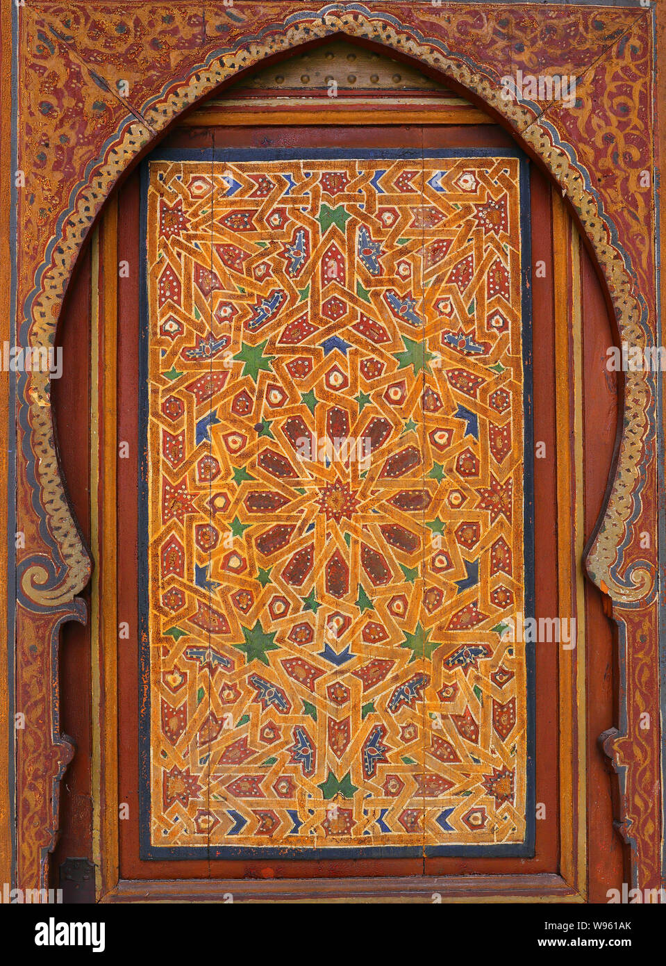 Morocco, Marrakesh. Historical Arabesque hand-painted floral window ...