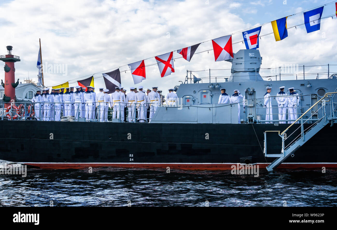 Russian Naval sailors on parade on board a Russian Warship in the River ...