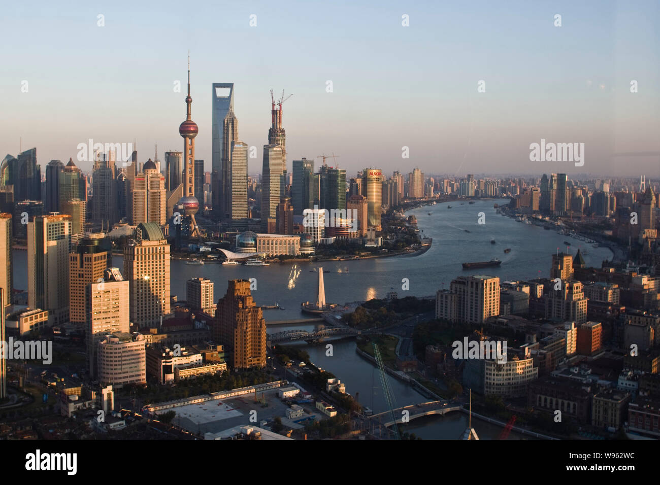 Skyline of Huangpu River, Puxi and Pudong with clusters of skyscrapers ...