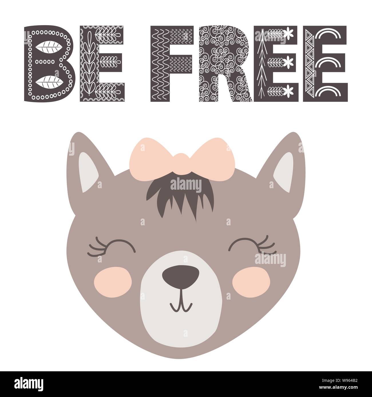 Cute little wolf smiling face in the Scandinavian style. Inscription ...