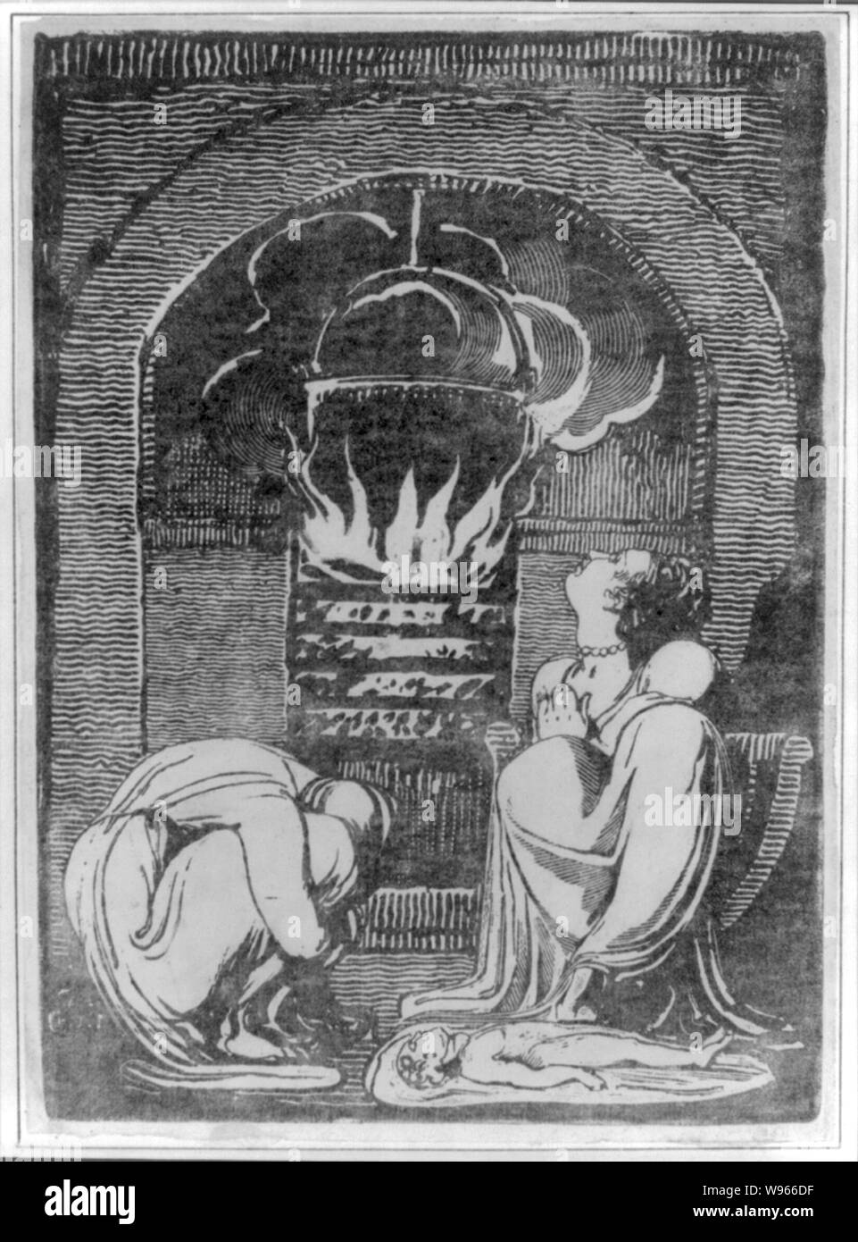 Allegorical family scene: man and woman huddled by fire dead child ...