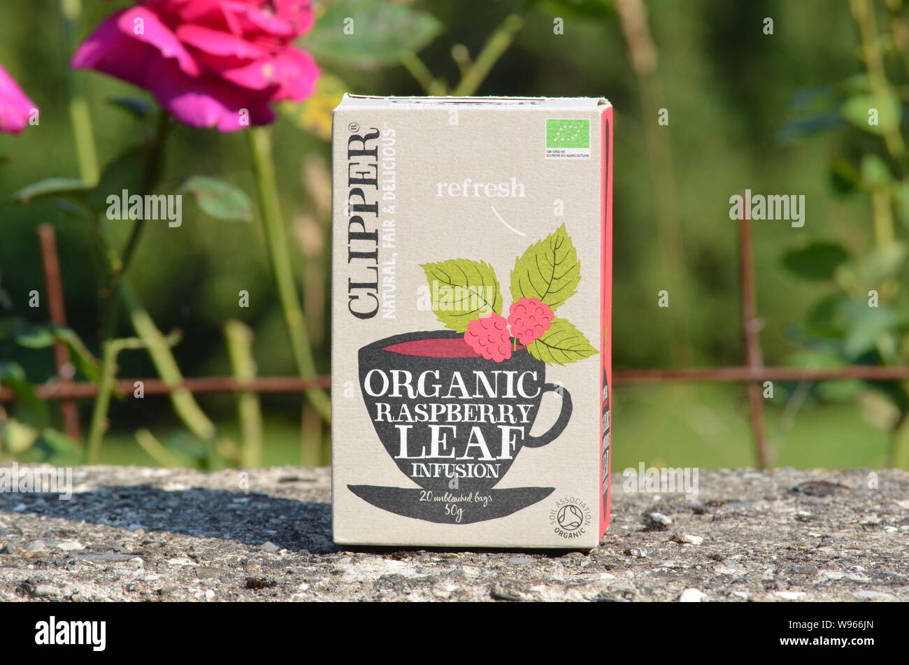 Packaging of Clipper "Organic Raspberry Leaf" Infusion, photographed on ...
