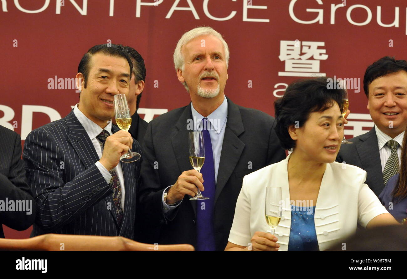 Canadian director James Cameron, center, poses with Chinese officials ...