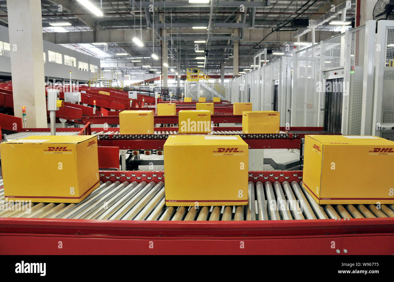 Test parcels are seen during a test at the new DHL North Asia Hub in ...