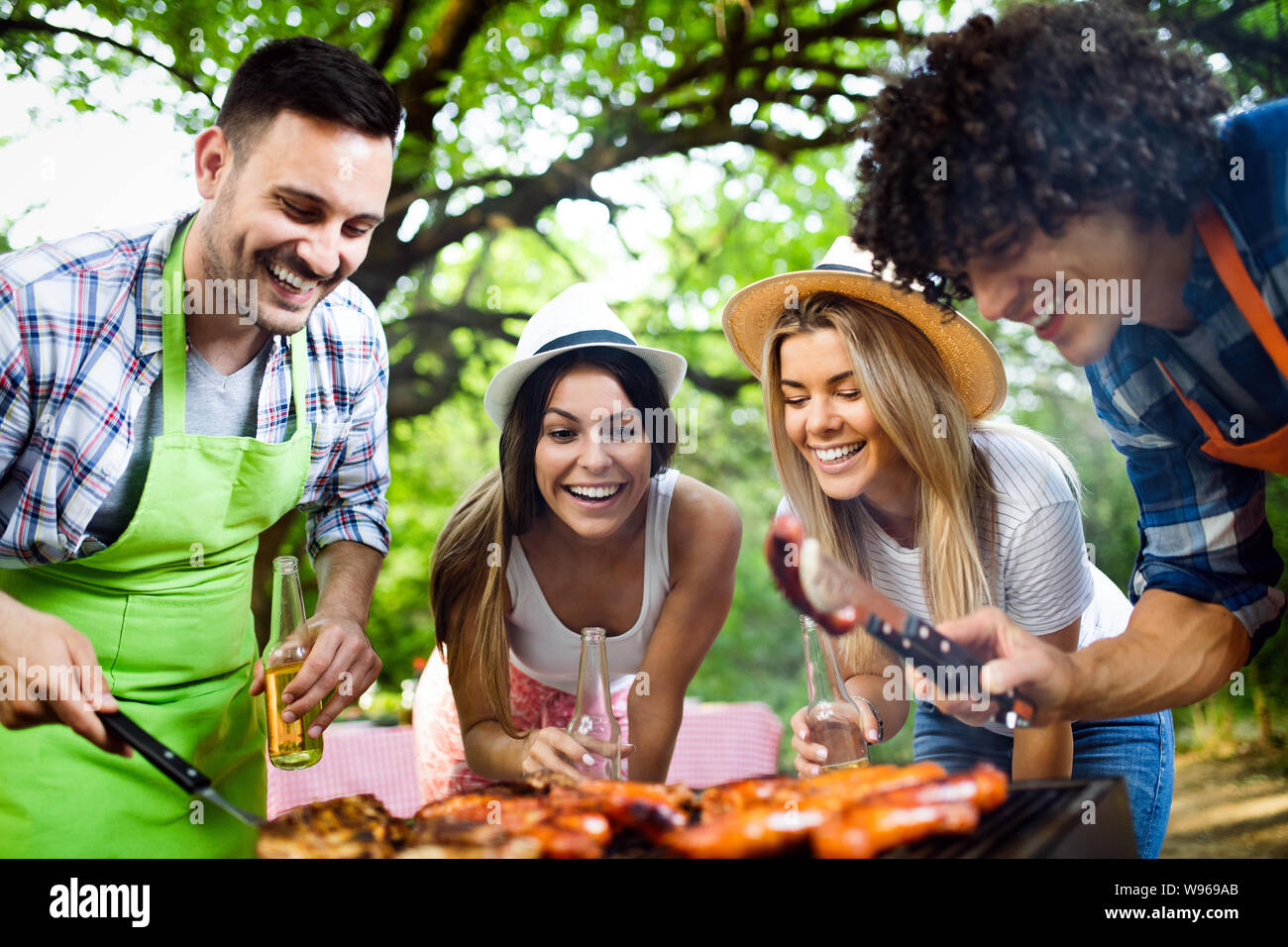 Group of friends having a barbecue party in nature Stock Photo - Alamy