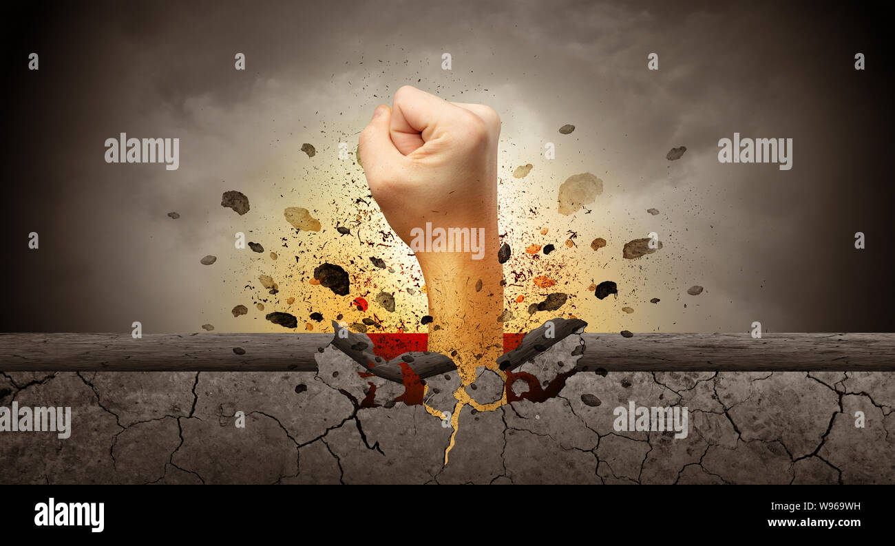 Big hand hits intense and breaks a crass stonewall Stock Photo - Alamy