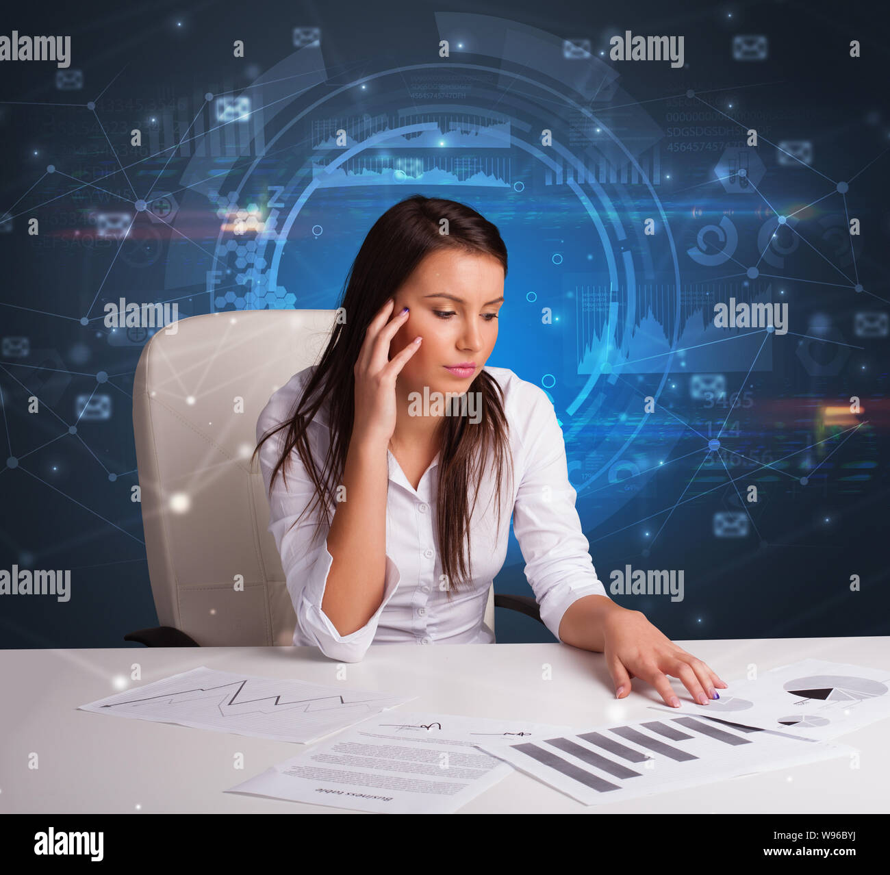 Manager in front of the office desk with connections and teamwork ...