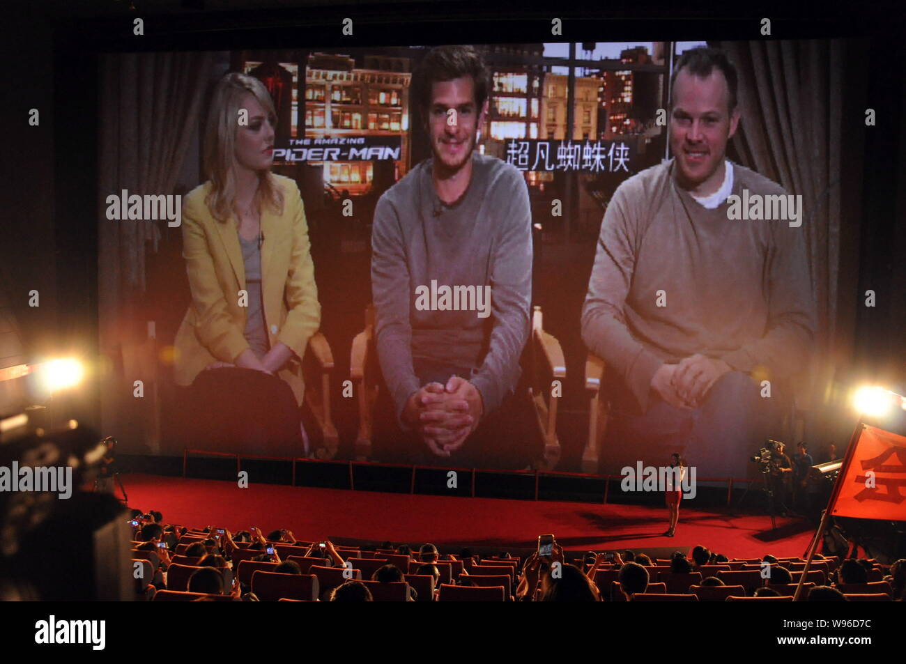 (From left) US actress Emma Stone, actor Andrew Garfield and director ...