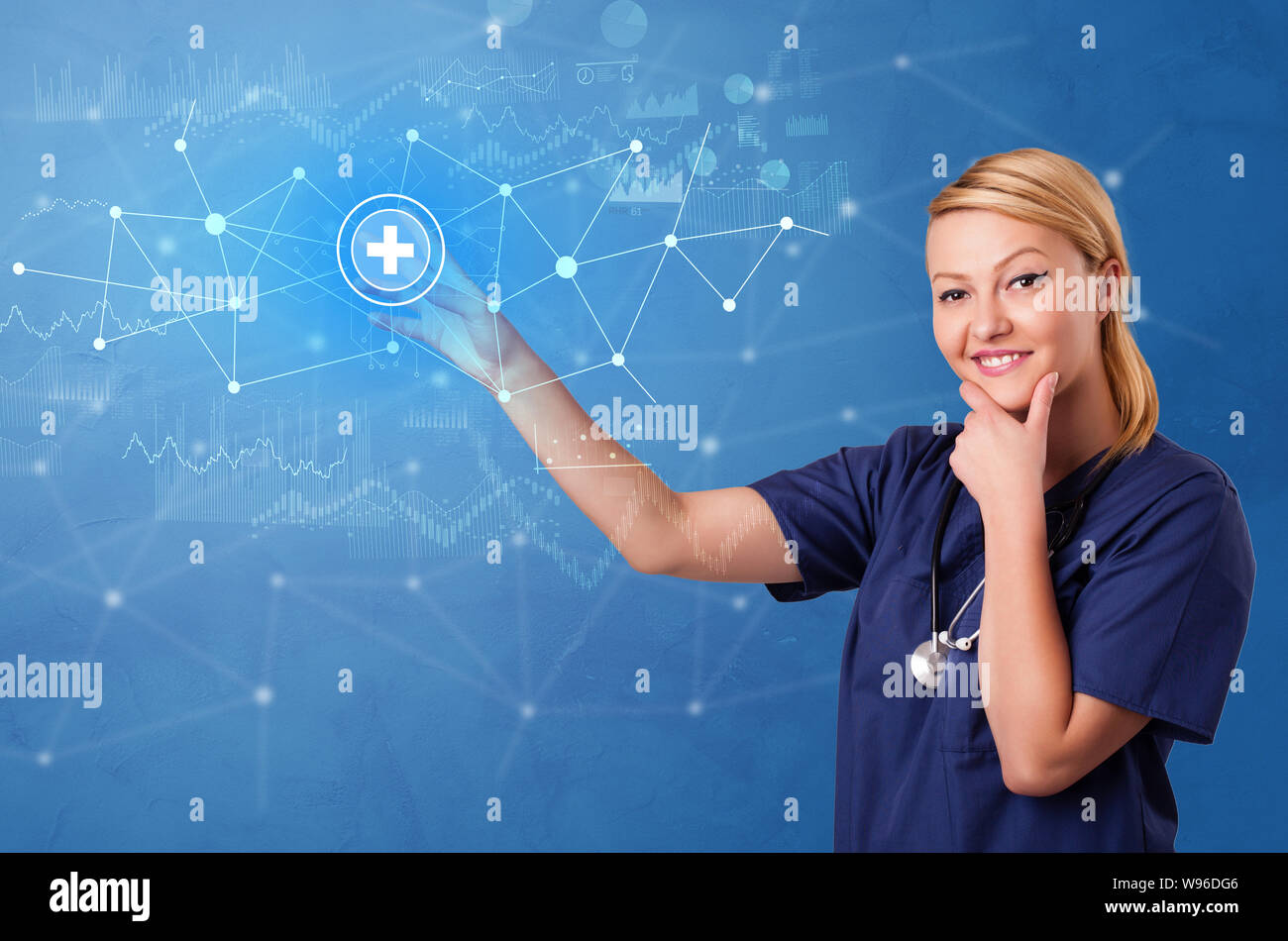 Doctor touching blue screen with virtual hospital concept Stock Photo ...