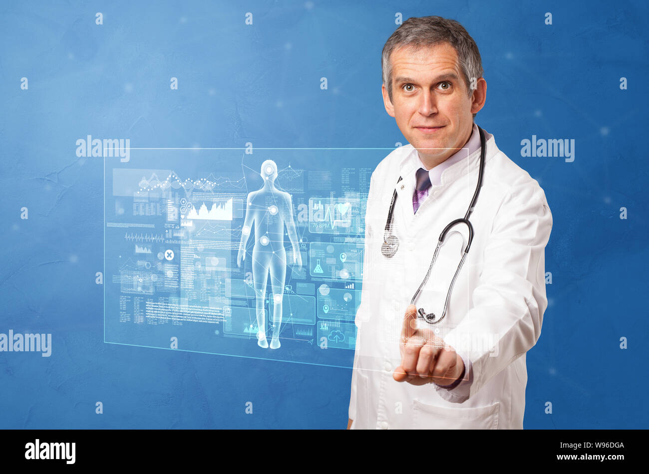 Doctor touching blue screen with full body analyze concept Stock Photo ...