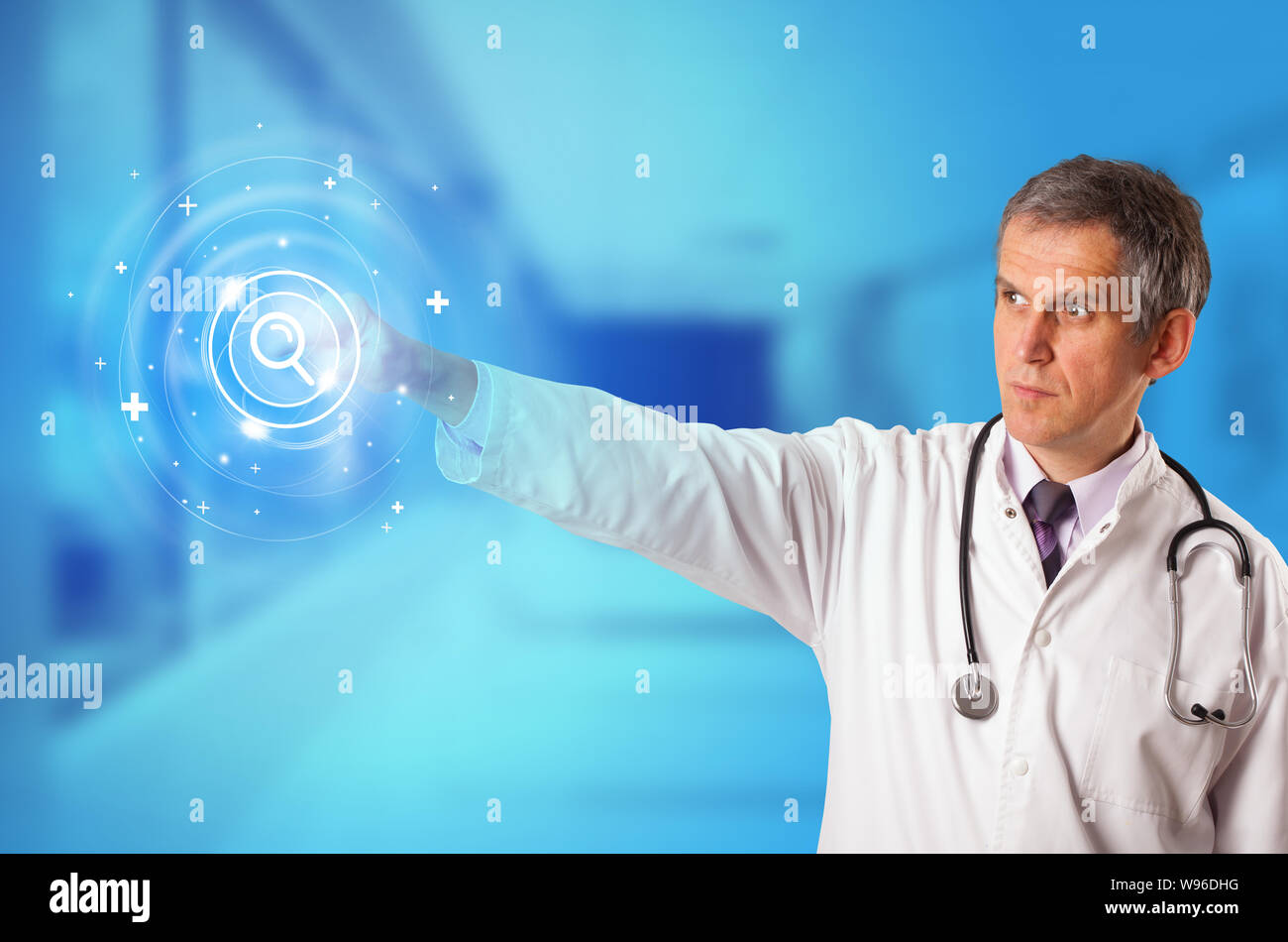 Doctor touching blue screen with call center concept Stock Photo - Alamy