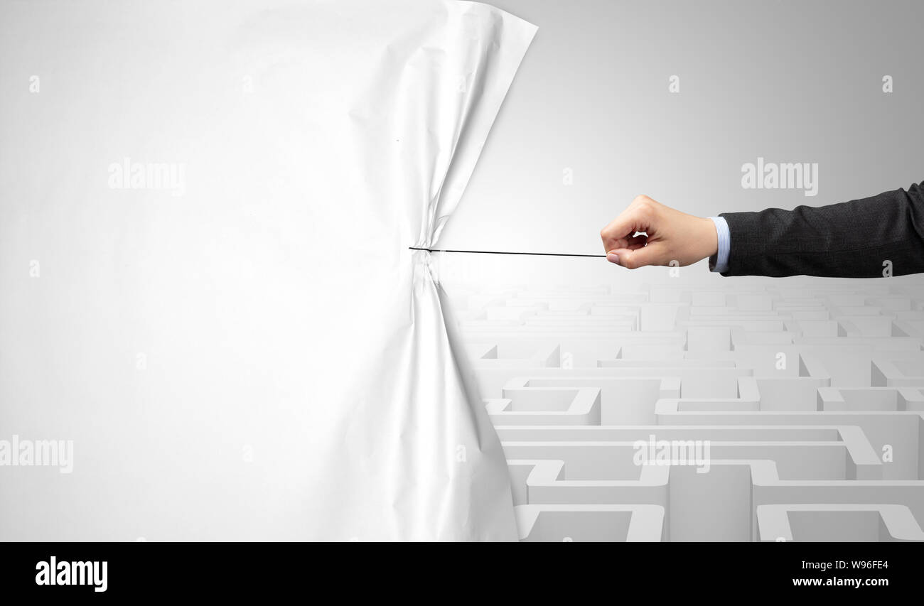 Hand pulling paper curtain, changing scene concept Stock Photo - Alamy