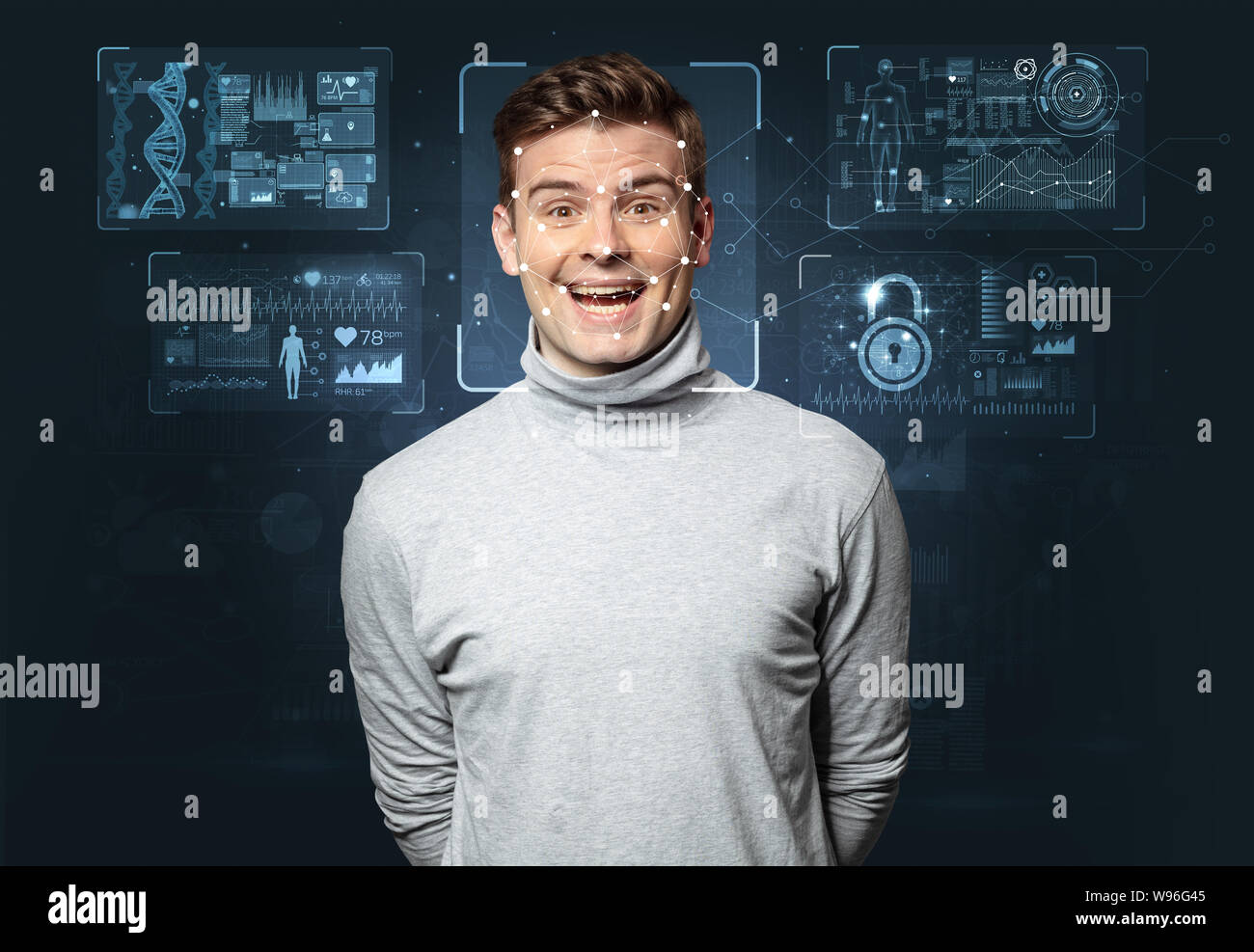 Biometric verification - young man face recognition Stock Photo - Alamy