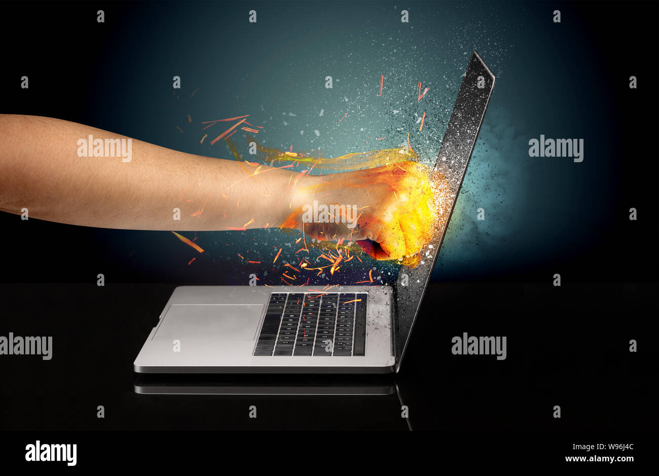 Arm hitting strongly laptop screen which breaks in little pieces Stock ...