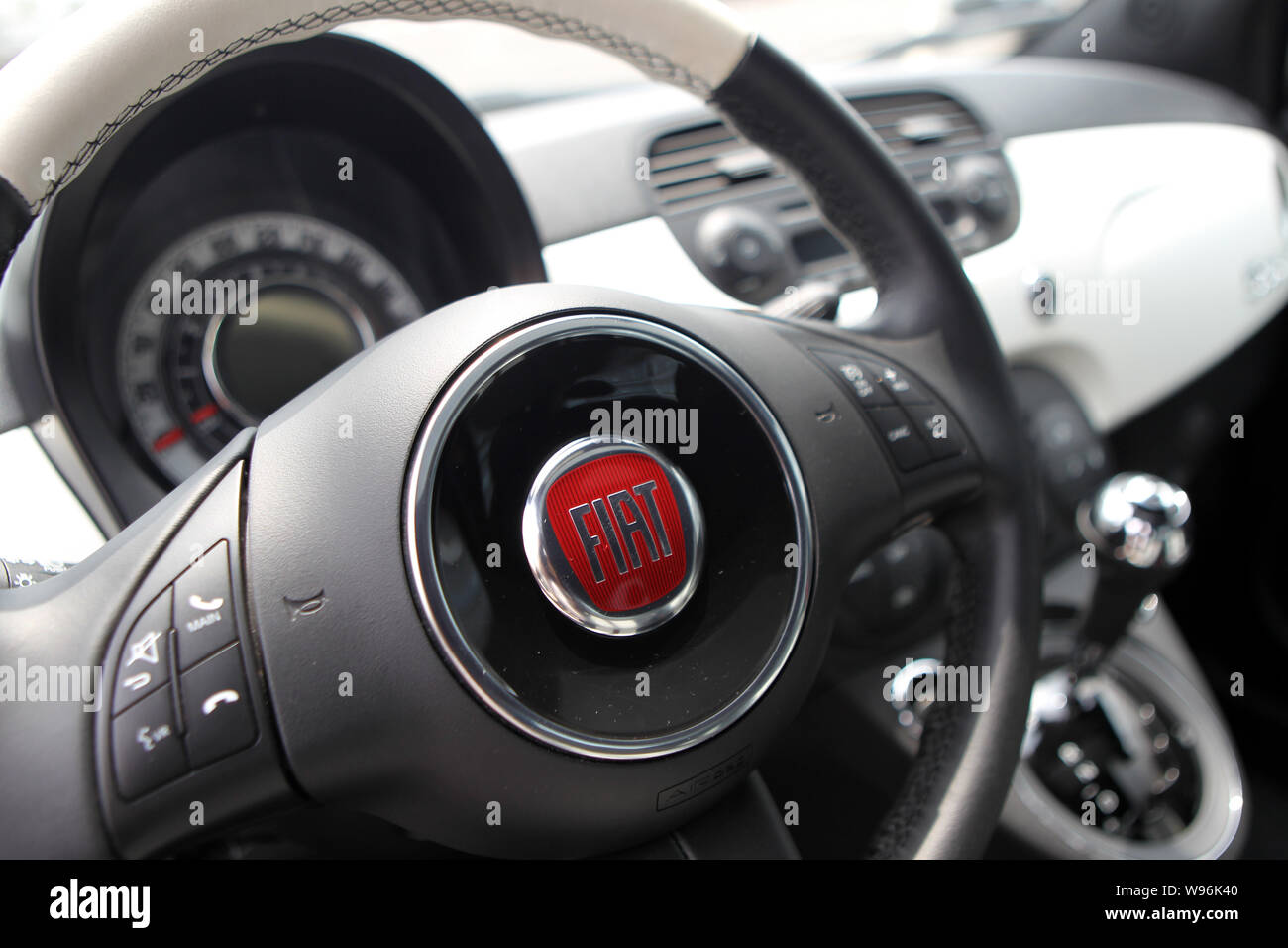 A Fiat car is displayed in the showroom at the GAC Fiat WCM plant in ...