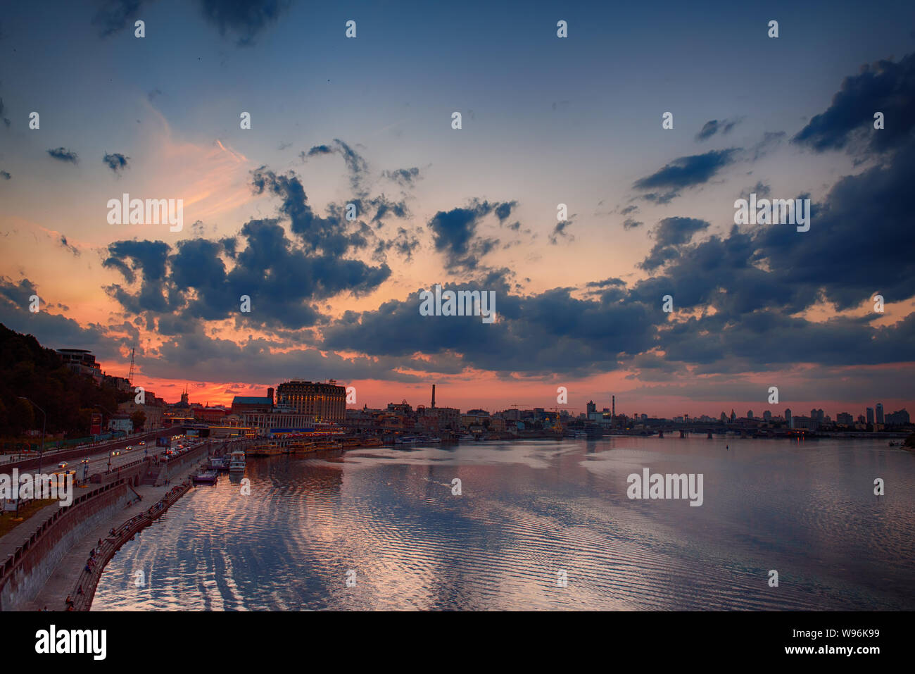 Dramatic colorful sunset over Dnipro river in Kiev, Ukraine, travel ...