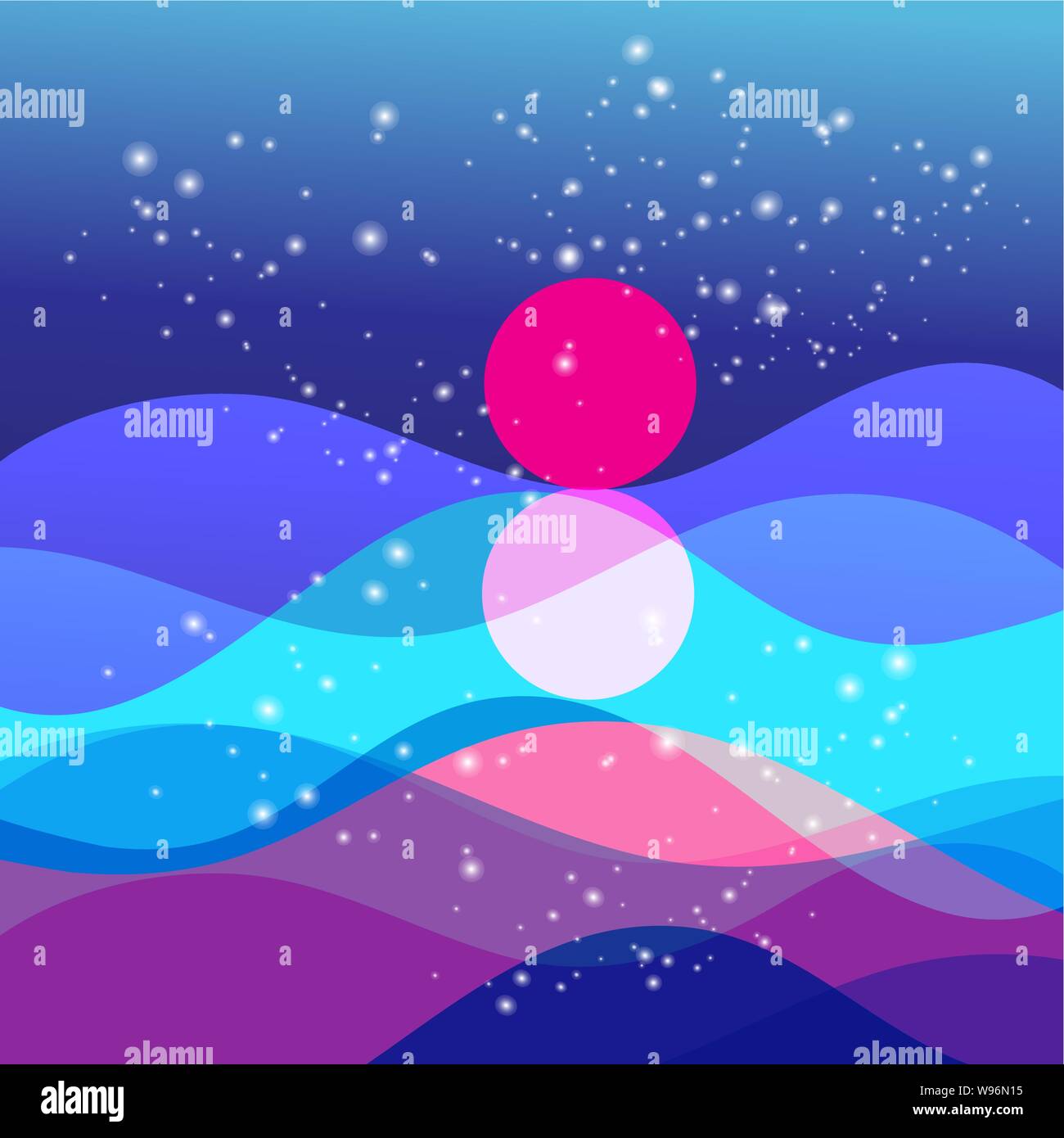 Vector graphic illustration of abstract landscape with sunny sunset and ...