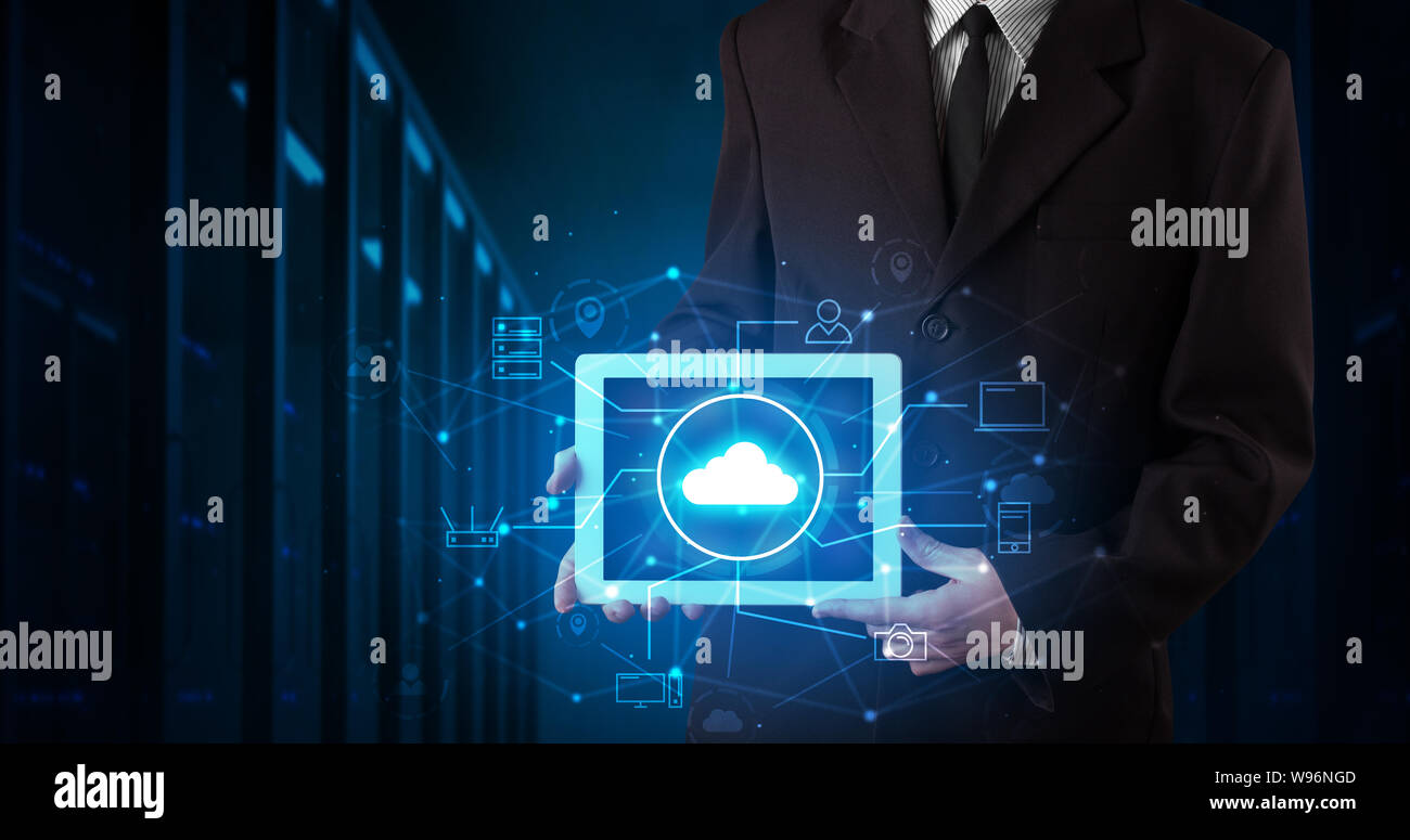 Formal hand in server room with virtual workspace concept Stock Photo ...