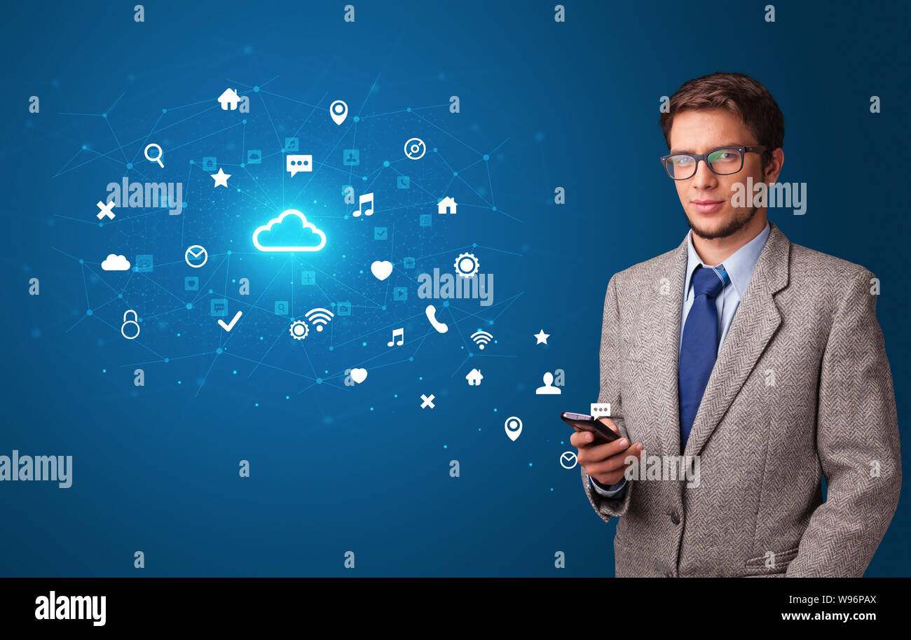 Young person using phone with cloud technology and online communication ...